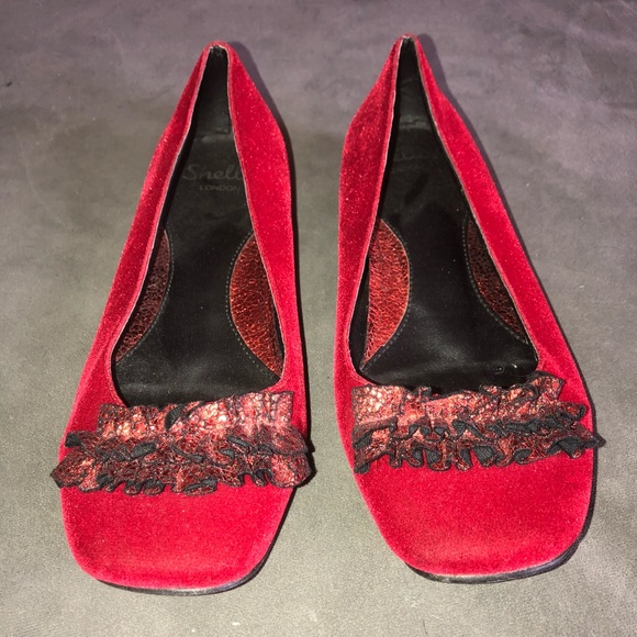 Shellys London | Shoes | Shellys London Red Velvet With Ruffle | Poshmark